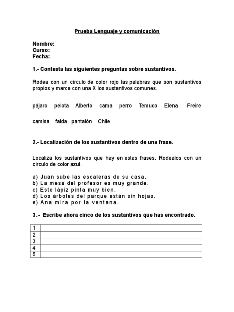 Prueba de Sustantivos Propios y Comunes | PDF | Artes del Lenguaje y ...