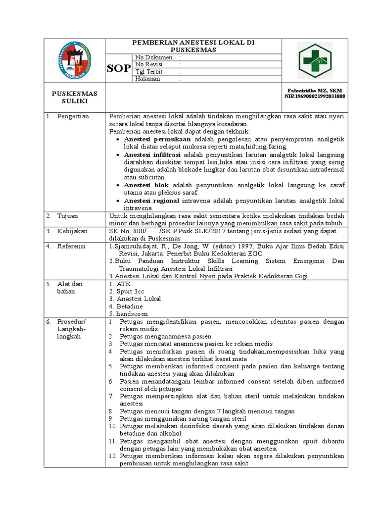 7.7 Sop Pemberian Anastesi Lokal Dan Sedasi | PDF