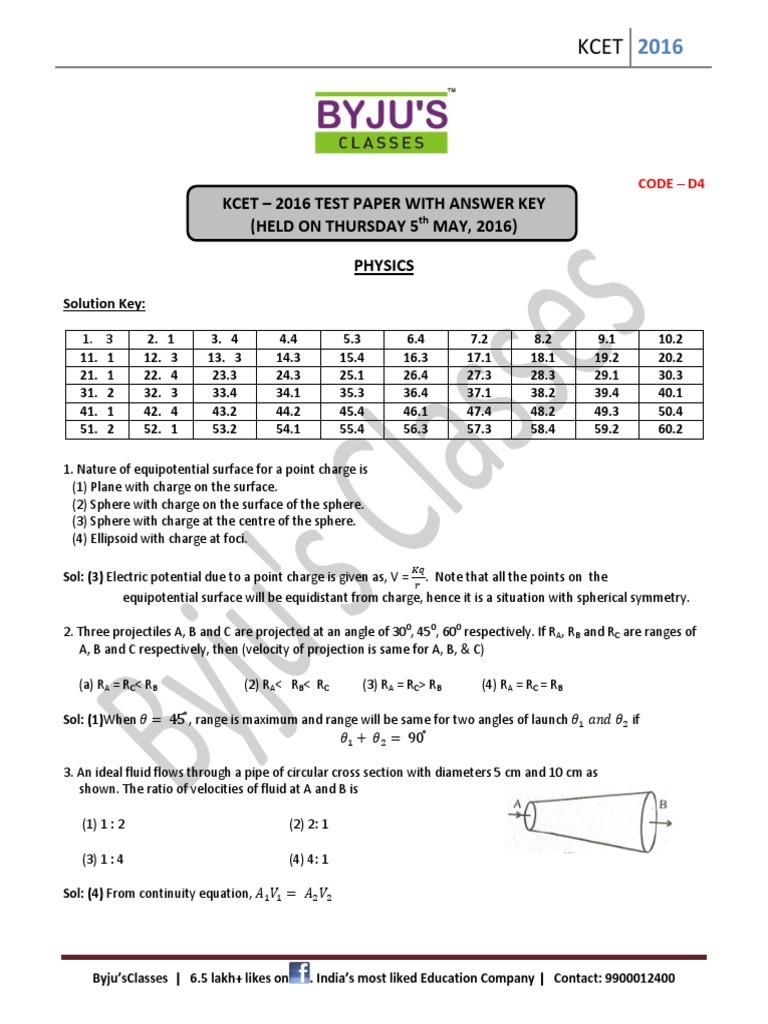 Kcet Physics Key Solutions 04 May 2016 | PDF | Electronvolt | Rotation Around A Fixed Axis