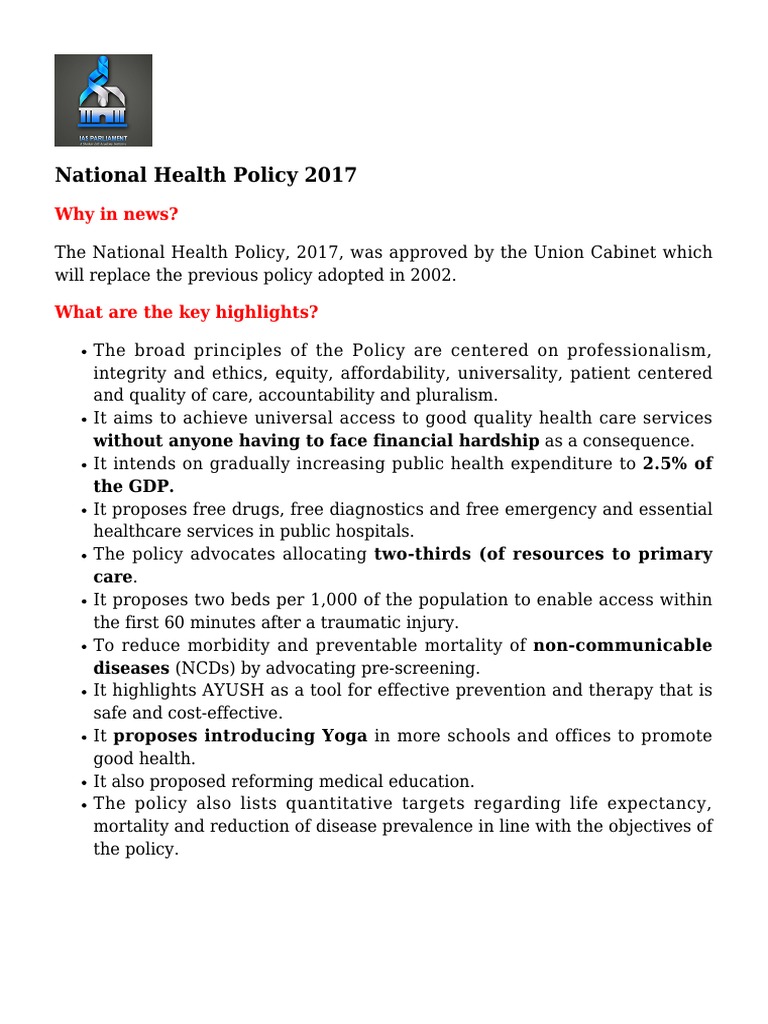 National Health Policy 2017 | Health Policy | Health Care