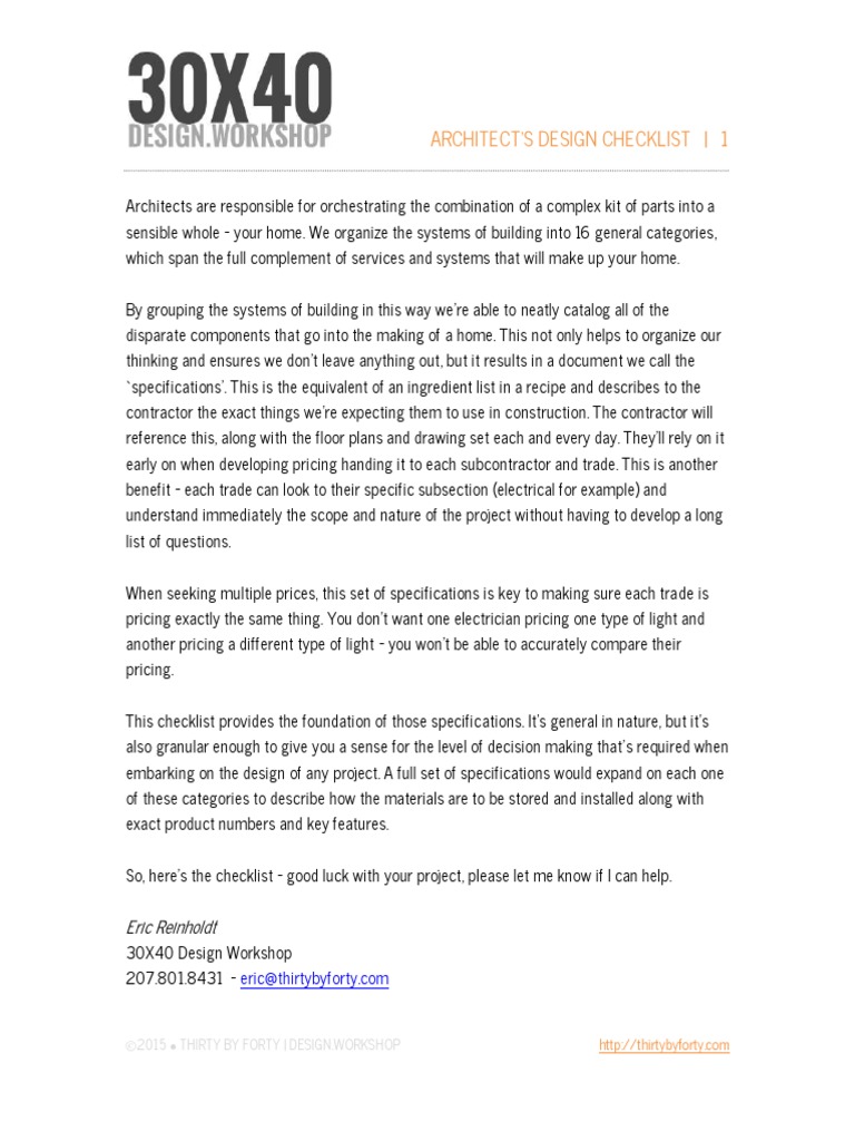 Architects Design Checklist | PDF | Framing (Construction) | Hvac