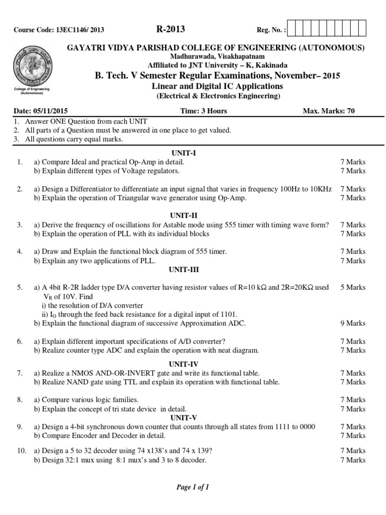 Linear & Digital IC Exam Questions | PDF | Analog To Digital Converter ...