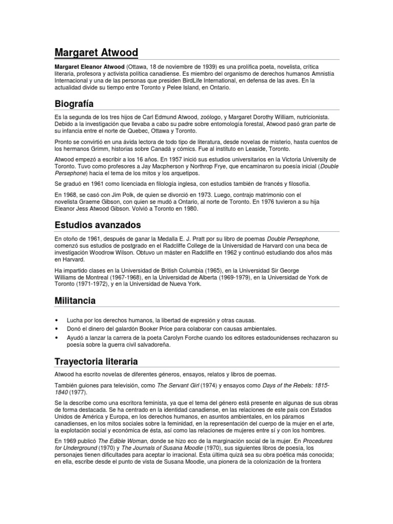 Biografía de Margaret Atwood | PDF | Science | Ciencia filosófica