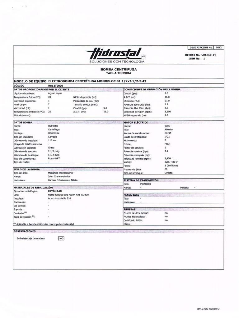 Bomba Centrífuga Monobloc: Especificaciones Técnicas | PDF | Cantidades fisicas | Naturaleza
