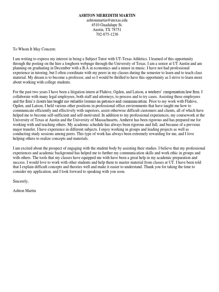 Cover Letter For UT | PDF | University Of Texas At Austin | Tutor