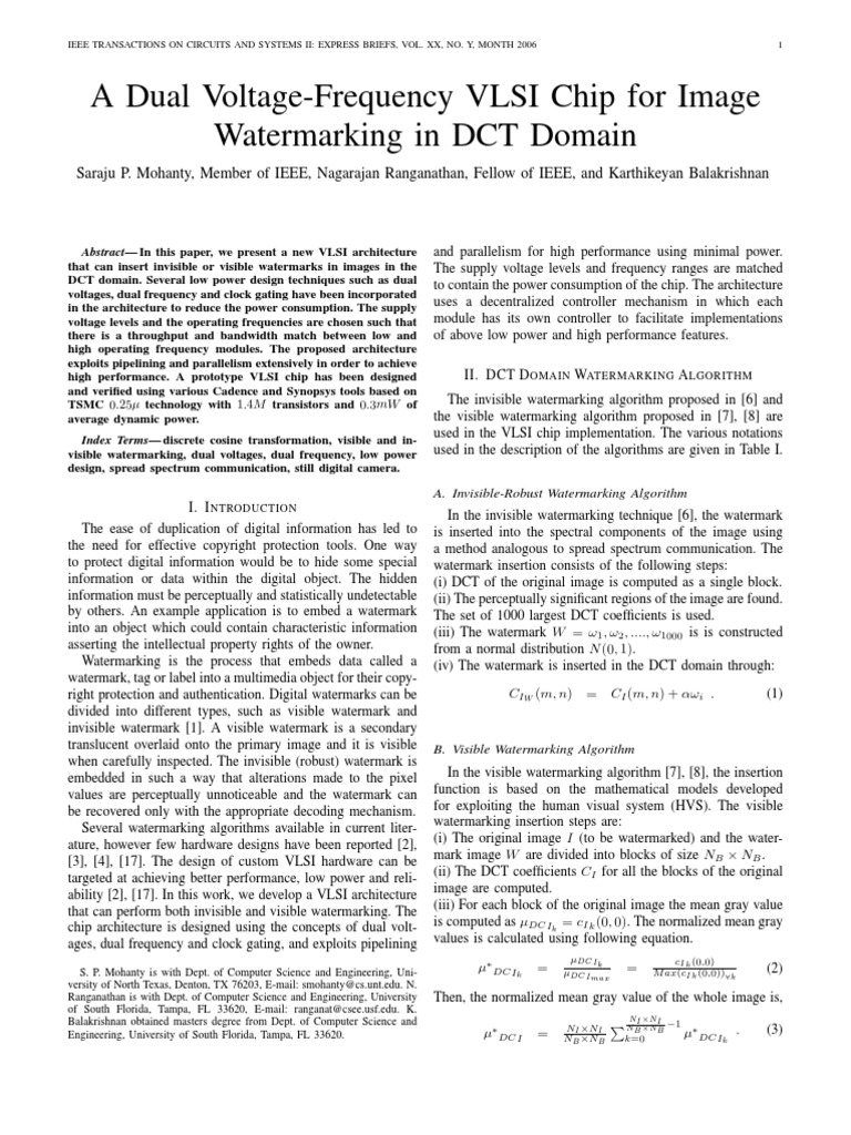 A Dual Voltage-Frequency VLSI Chip For Image Watermarking in DCT Domain | PDF | Electronic ...
