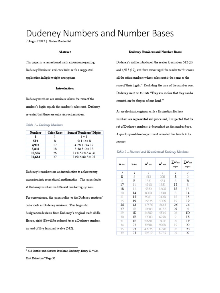 Exploring Dudeney Numbers and Bases | PDF | Arithmetic | Encodings