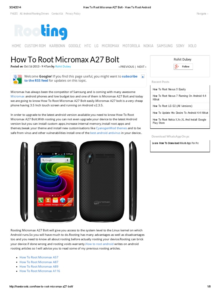How To Root Micromax A27 Bolt - How To Root Android | PDF | Android (Operating System ...