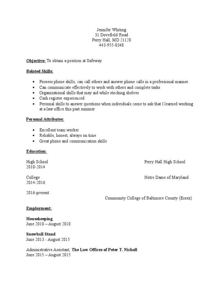 Objective: To Obtain A Position at Safeway. Related Skills | PDF