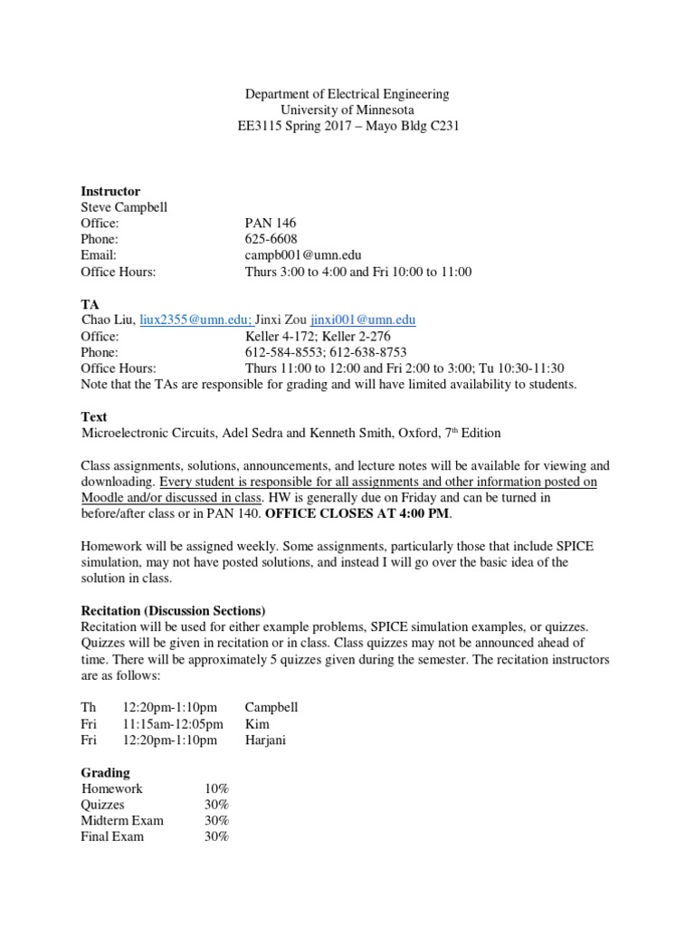 Analog EE UMN Syllabus | PDF | Amplifier | Field Effect Transistor