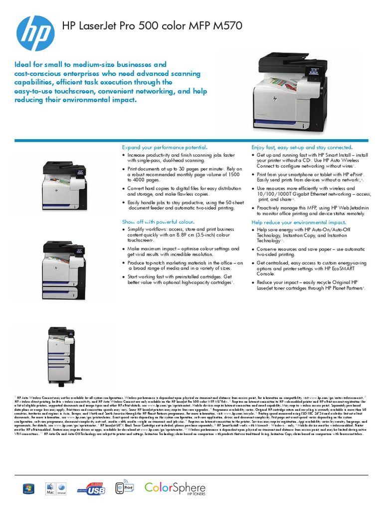 HP LaserJet Pro 500 Colour MFP M570 Datasheet | Download Free PDF | 64 Bit Computing | Printer ...
