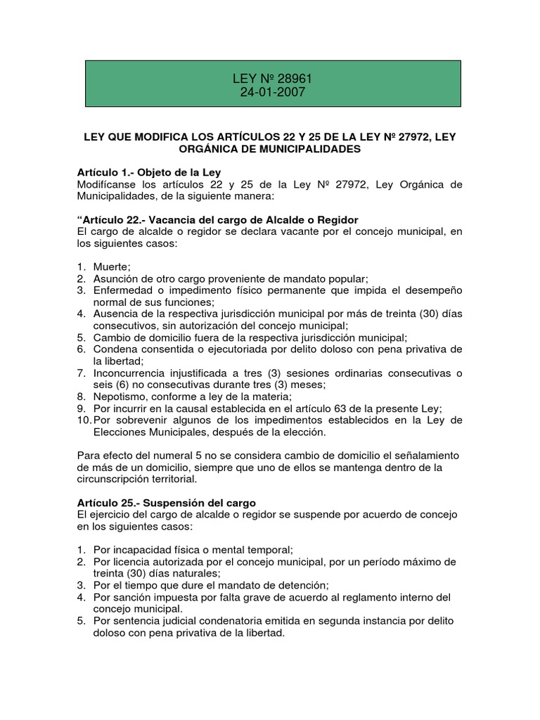 Ley #28961 | PDF | Alcalde | Castigos