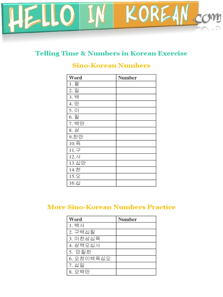 Telling Time Numbers in Korean Exercise | PDF