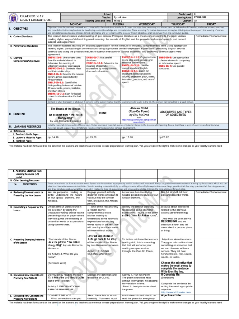 DLL ENG8 1stQ 2nd Week Checked | PDF | Reading (Process) | Adjective