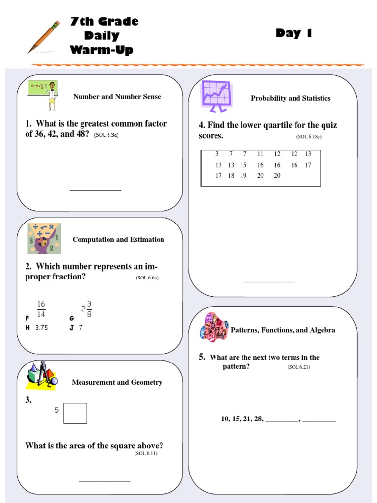 7th Grade Daily Math Warm-Ups | PDF | Area | Equations