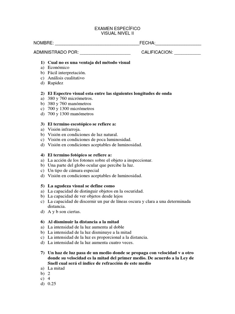 Examen - Especifico VT Level Ii PDF | PDF | Ligero | Percepción visual
