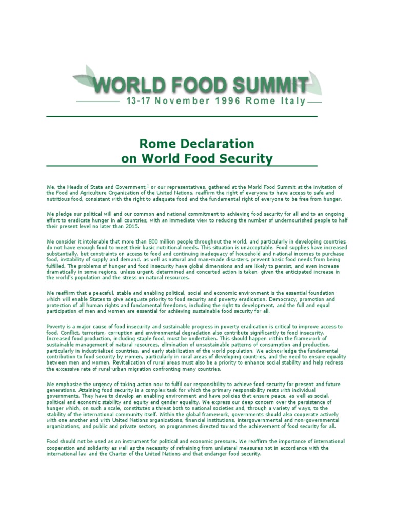 World Food Summit Rome 1996 | PDF | Food Security | Sustainability