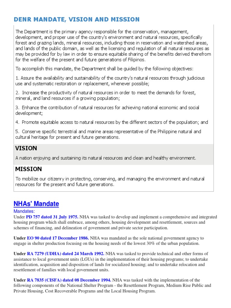Denr Mandate, Vision and Mission | Download Free PDF | Mortgage Loan ...