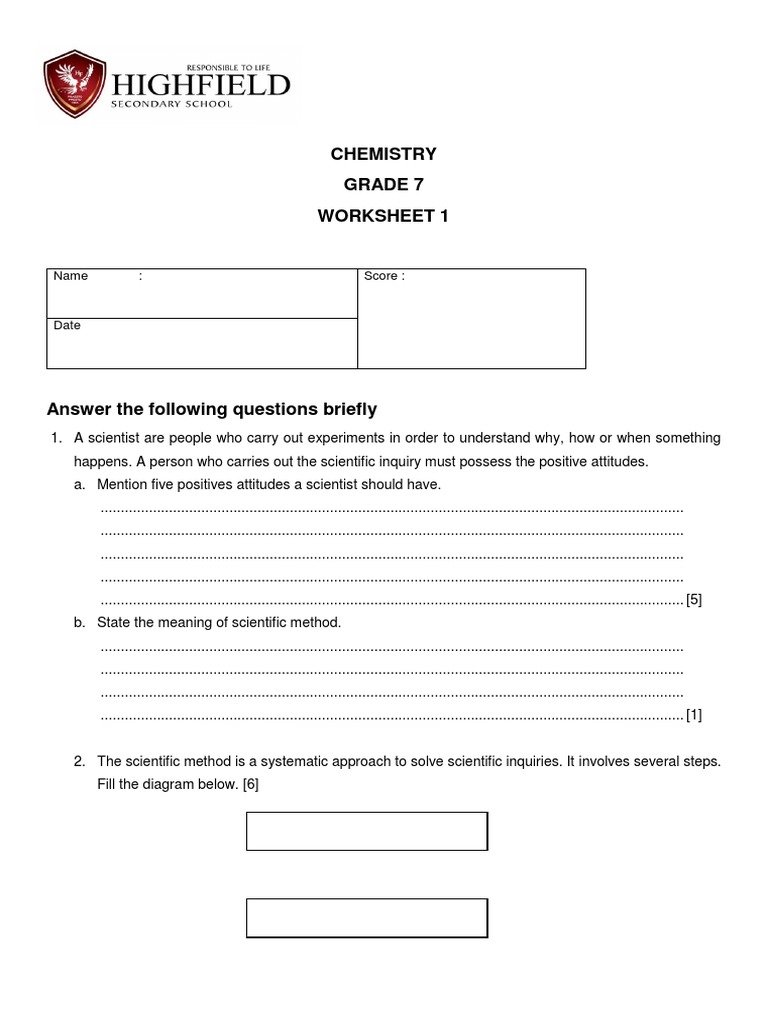 Chemistry Grade 7 Worksheet 1: Name: Score | PDF | Variable ...