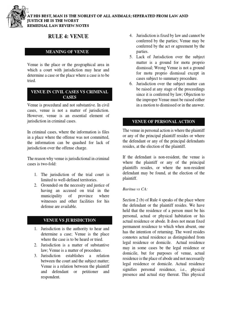 Rule 4 Venue Reviewer | PDF | Venue (Law) | Jurisdiction