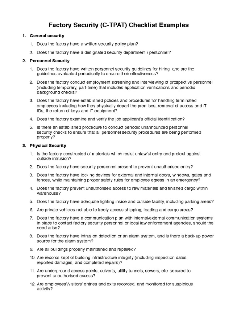 Attachment 1 C-TPAT Checklist | Physical Security | Securities | Free ...