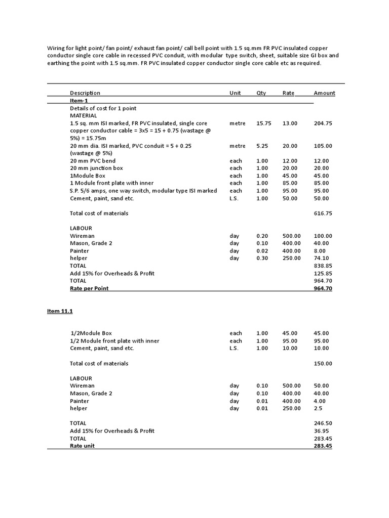 Rate Analysis | PDF | Electrical Wiring | Electrical Engineering