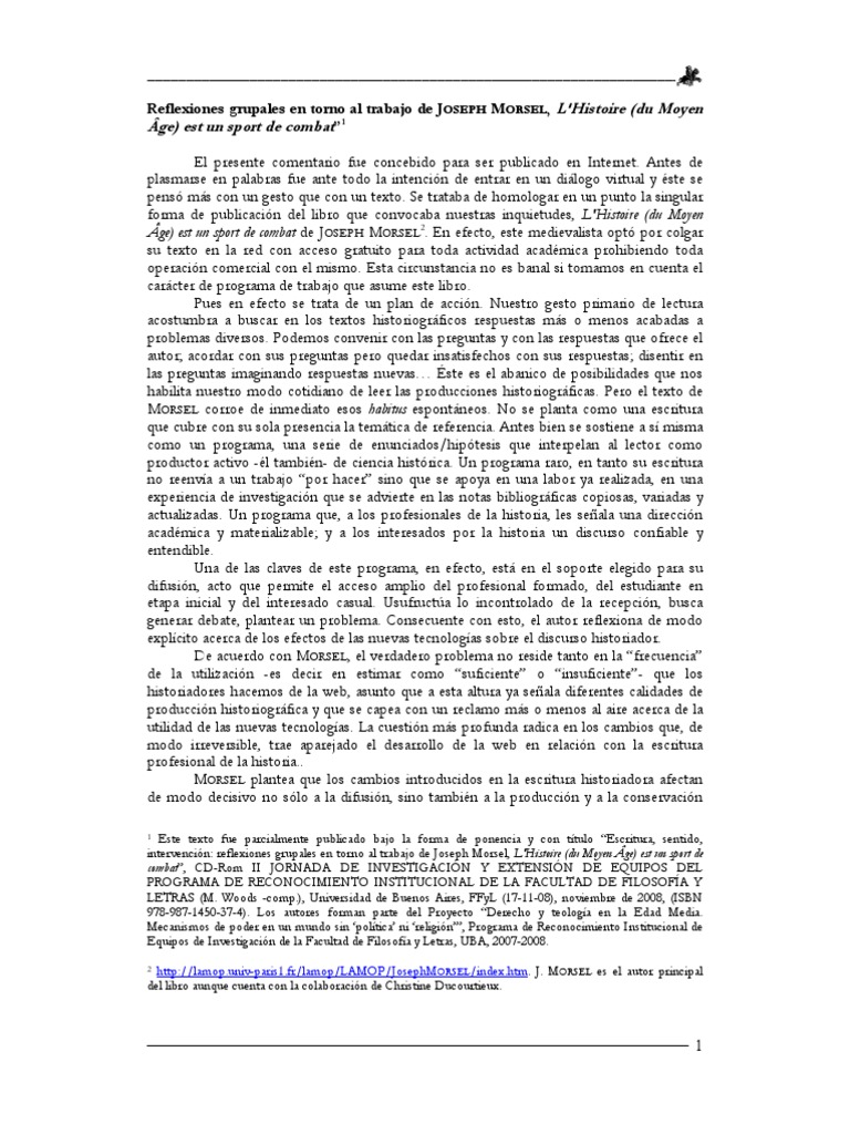 Reflexiones Grupales en Torno Al Trabajo de JOSEPH MORSEL, L'Histoire ...