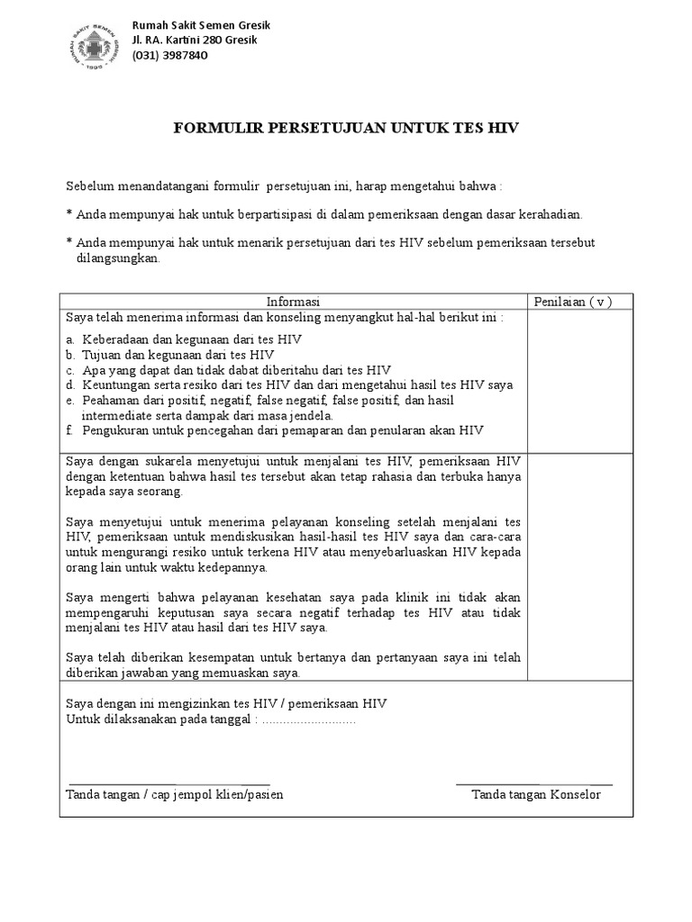 Formulir Persetujuan Untuk Tes Hiv (Beru Perlu Dilihat) | PDF