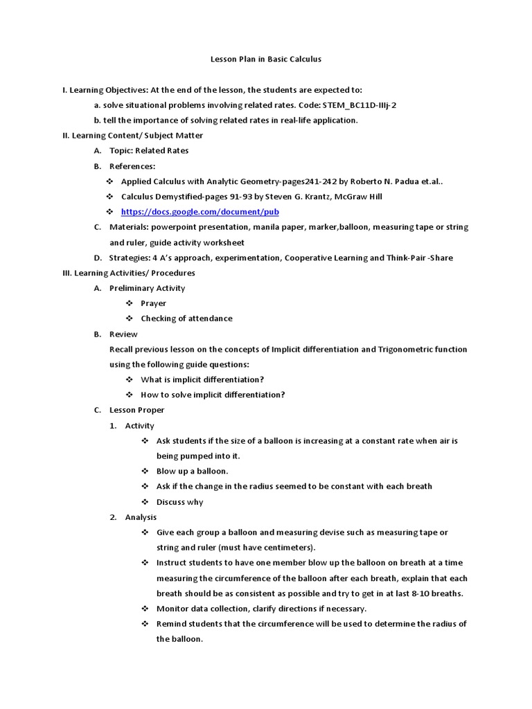 Related Rates Lesson | PDF | Lesson Plan | Cognition