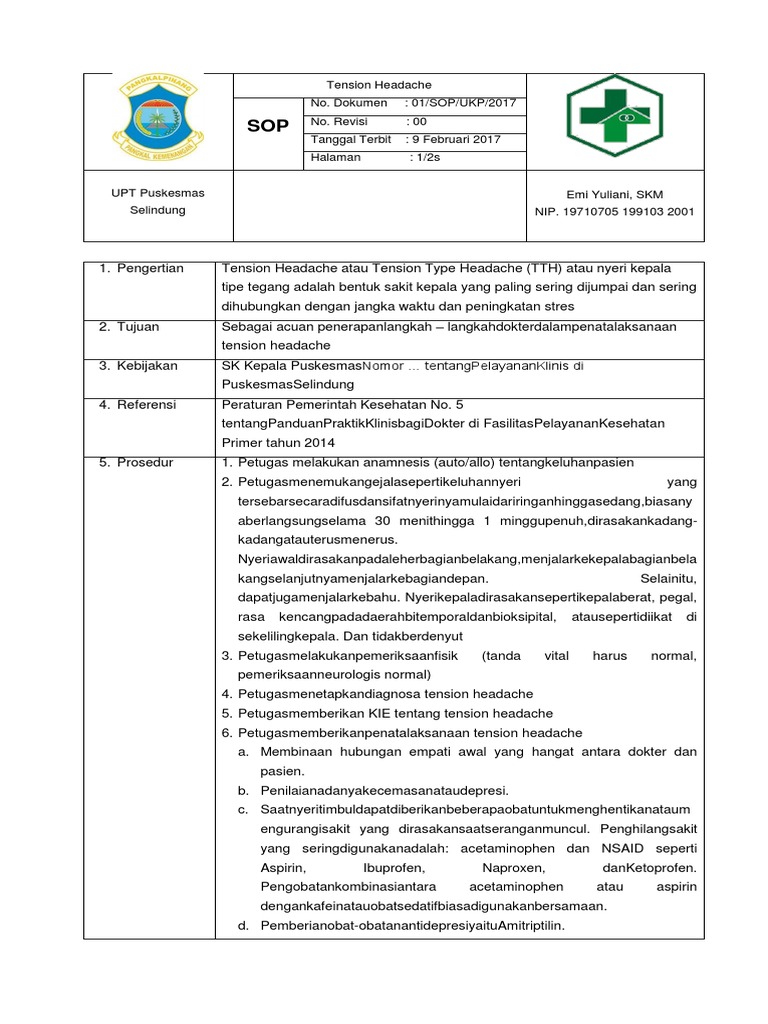 Contoh SOP Tension Headache | PDF