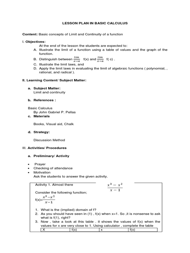 Lesson Plan in Basic Calculus | PDF | Function (Mathematics) | Calculus