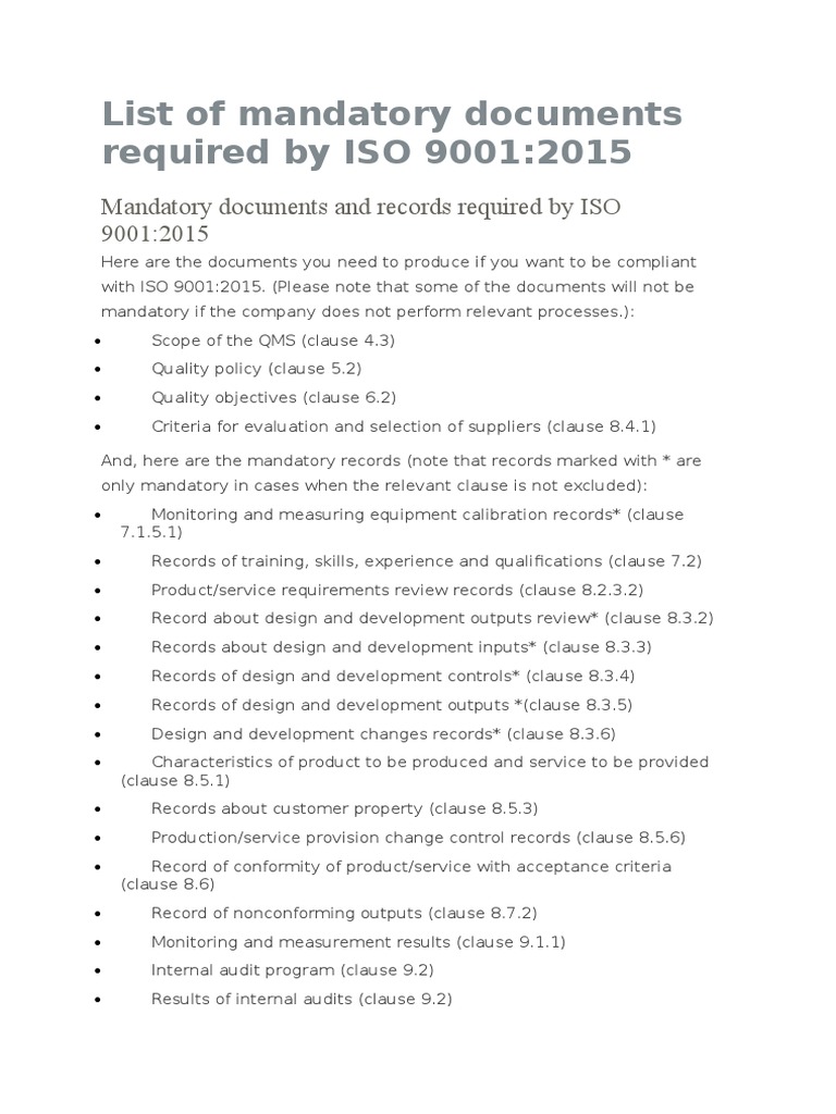 List of Mandatory Documents Required by ISO 9001 | PDF | Internal Audit ...