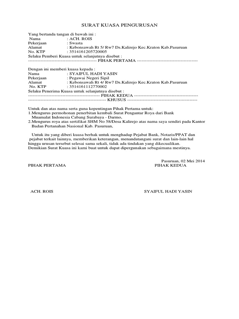 Surat Kuasa Pengurusan Roya Cakmad | PDF