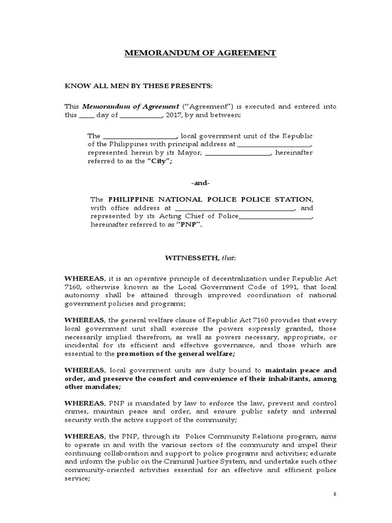 Sample Memorandum of Agreement | PDF | Local Government | Police