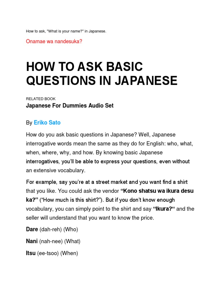 How To Ask Basic Questions in Japanese: Onamae Wa Nandesuka? | PDF