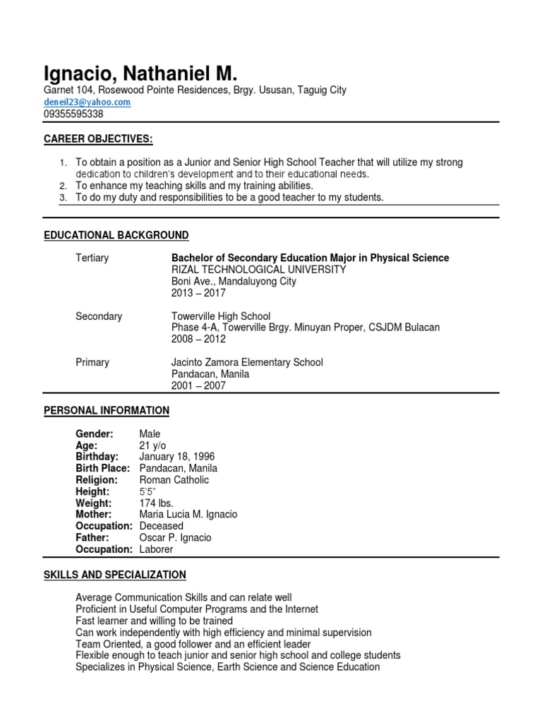 Resume - Nathaniel Ignacio | PDF | Teachers | Sharing