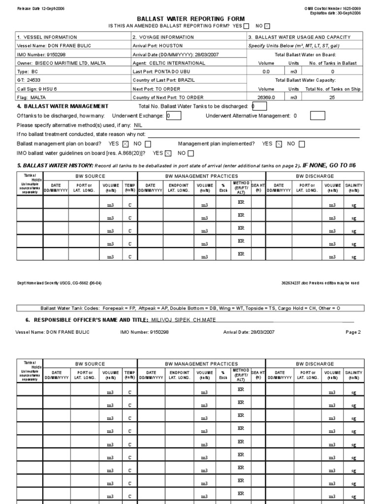 Ballast Water Reporting Form: Specify Units Below (M, MT, LT, ST, Gal) | PDF | Watercraft | Shipping