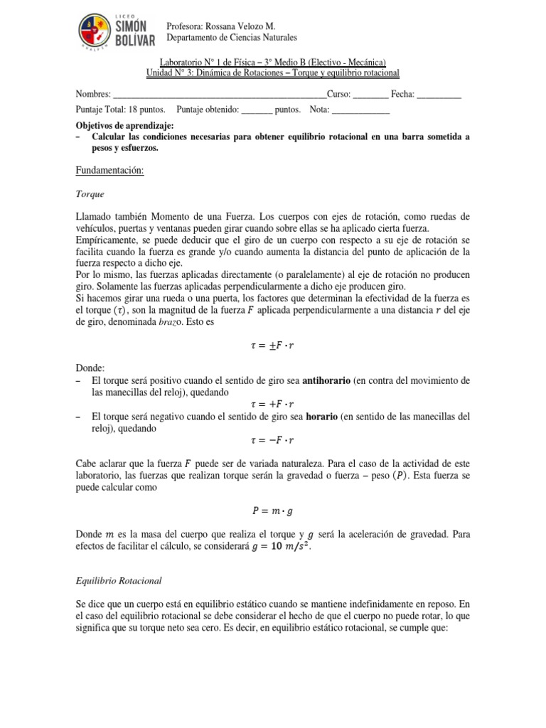 Laboratorio de Torque y Equilibrio Rotacional | PDF | Eje | Fuerza