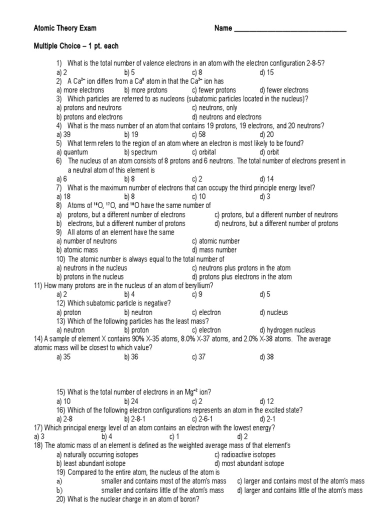 Atom Practice Test Pdf Atoms Proton