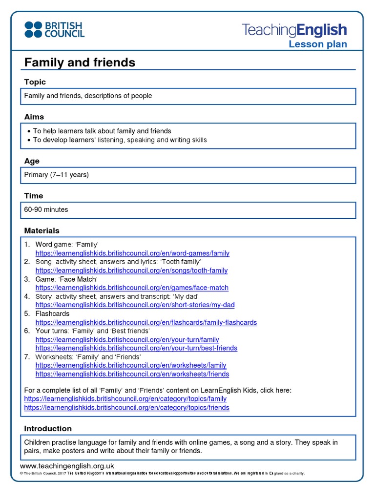 Teaching Kids Lesson Plan Family and Friends | PDF | Lesson Plan ...