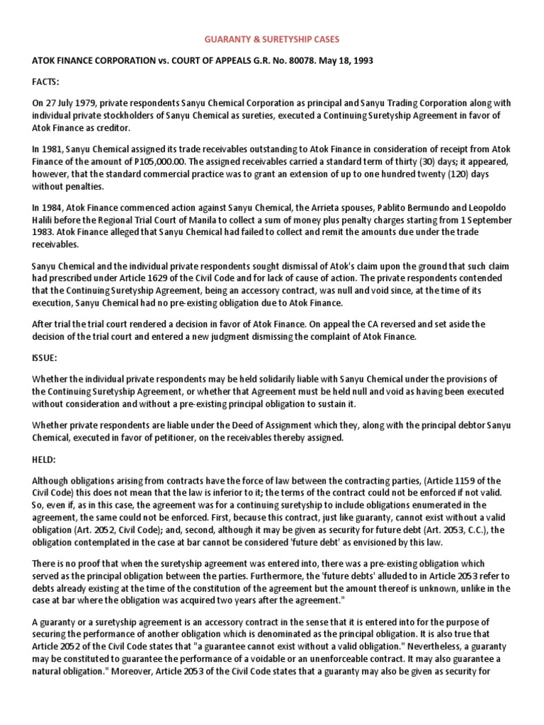 Guaranty Suretyship Case Digest | PDF | Guarantee | Surety Bond