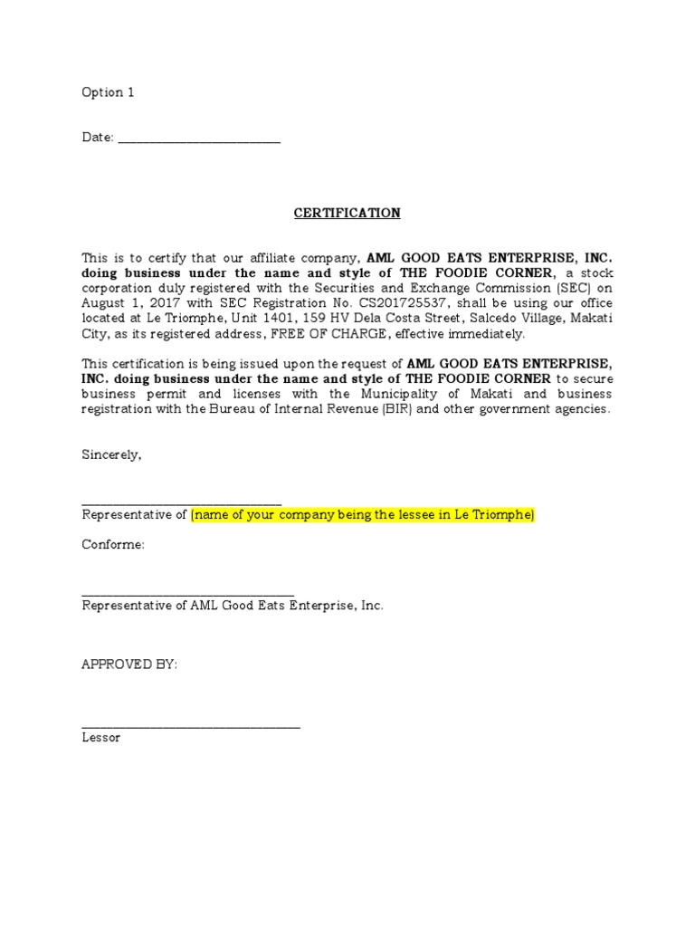 Sample Certification of Free of Charge To Use Space | PDF