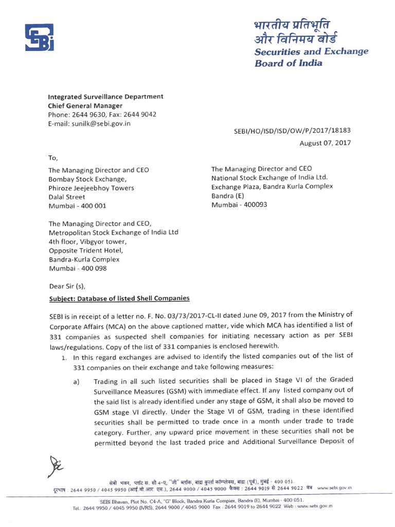 Sebi Letter To Exchanges and Depositories On Shell Companies - 7 August ...