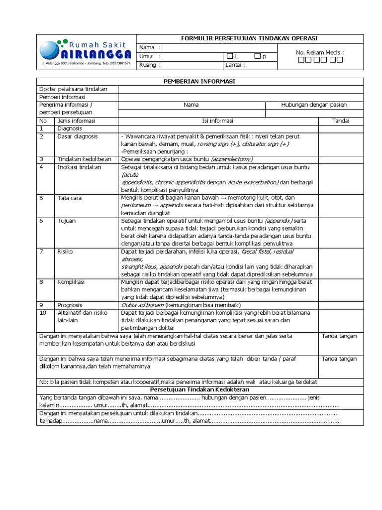 Formulir Persetujuan Tindakan Operasi-Apendiktomy | PDF