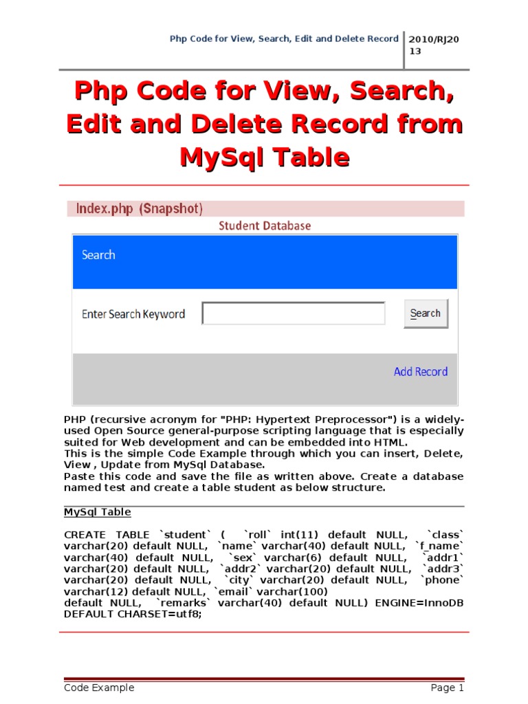 Php Code Example For View Edit Delete Search Update Database Table Pdf Php Databases