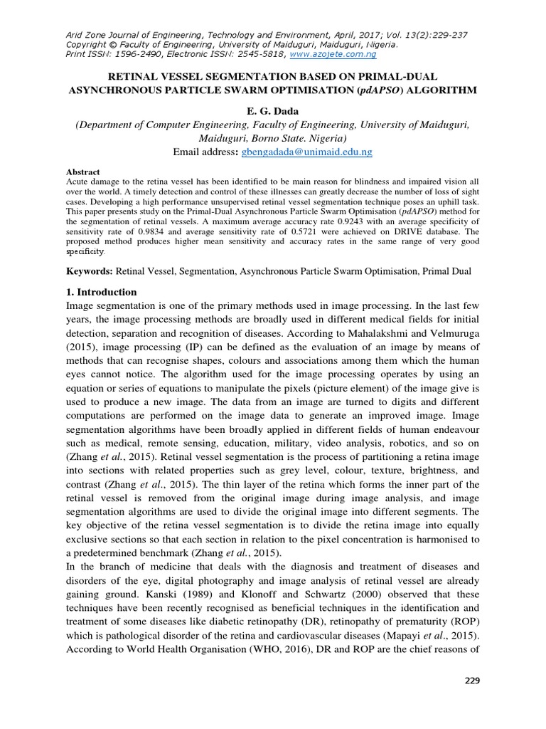 Retinal Vessel Segmentation Based On Primal-Dual Asynchronous Particle Swarm Optimisation ...
