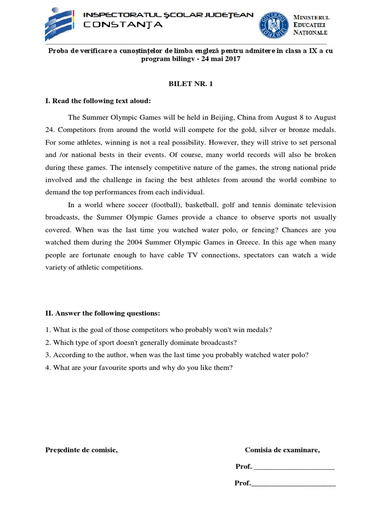 Bilete Oral Bilingv - Engleză | PDF | Loneliness | Summer Olympic Games