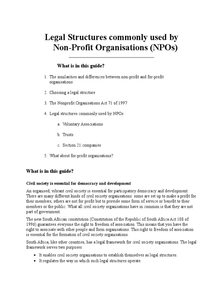 Legal Structures Commonly Used by Non-Profit Organisations (Npos) | PDF ...