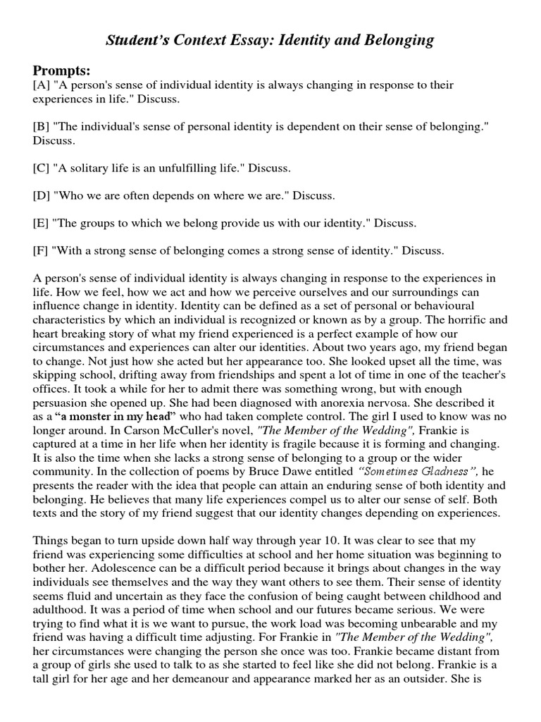 Student's Context Essay: Identity and Belonging: Prompts | PDF ...