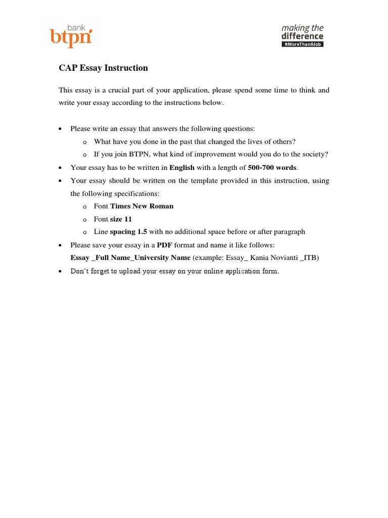 CAP Essay Instruction: Essay - Full Name - University Name (Example ...
